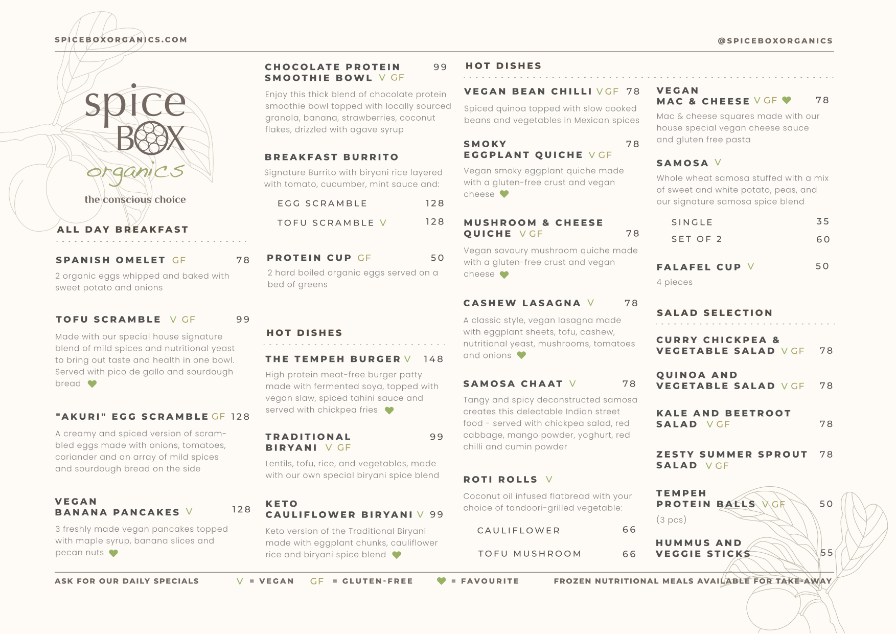 Organic gluten-free vegan healthy food menu by SpiceBox Organics