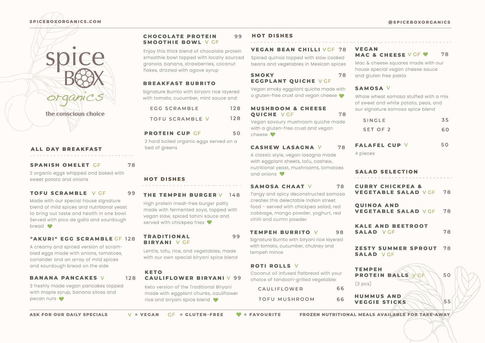 Organic gluten-free vegan healthy food menu by SpiceBox Organics